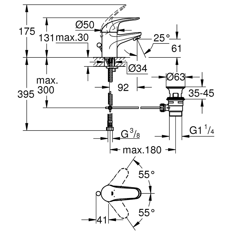 Смеситель для раковины GROHE Euroeco с донным клапаном S SIZE хром ...